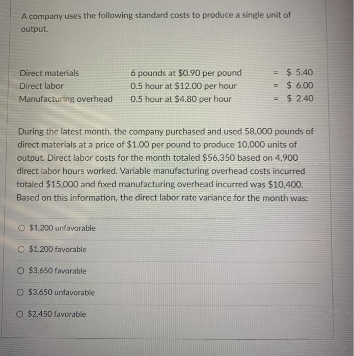 Solved A company uses the following standard costs to | Chegg.com