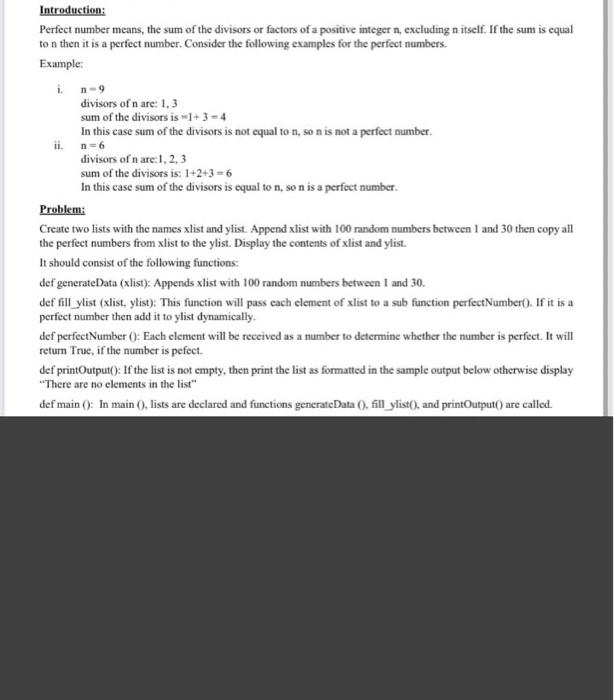 Solved Introduction Perfect Number Means The Sum Of The Chegg