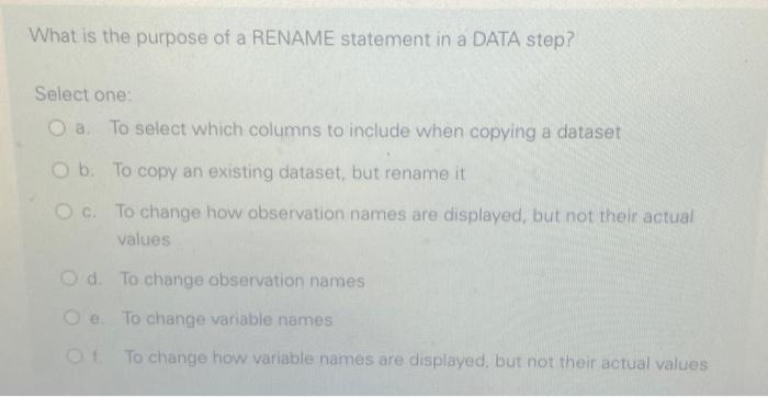 Solved What is the purpose of a RENAME statement in a DATA | Chegg.com