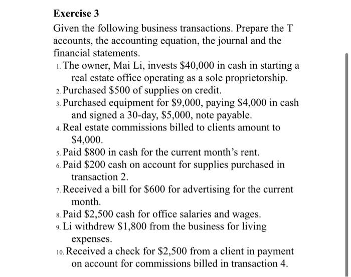 Solved Given the following business transactions. Prepare | Chegg.com