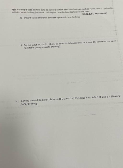 Solved Q2: Hashing is used to store data to achieve certain | Chegg.com
