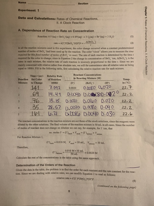 Name Section Experiment 1 Data and Calculations: | Chegg.com