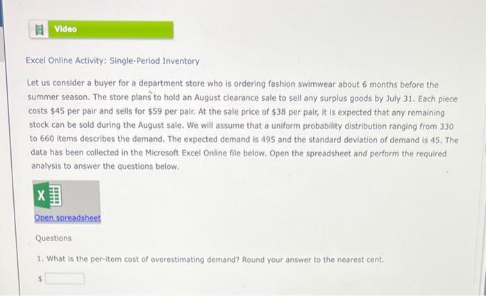 Solved Excel Online Activity: Single-Period Inventory Let us | Chegg.com