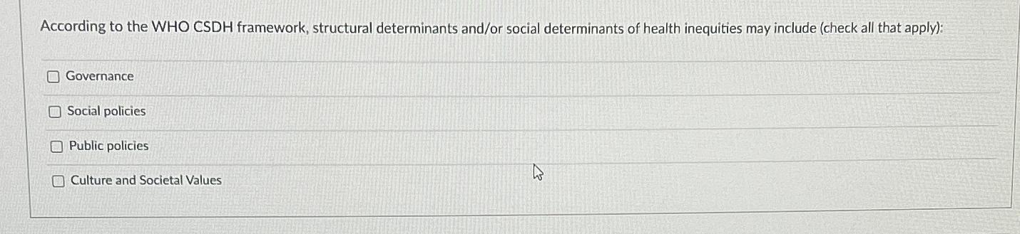 Solved According to the WHO CSDH framework, structural | Chegg.com