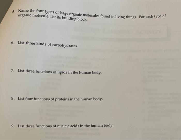 Solved 5. Name the four types of large organic molecules | Chegg.com