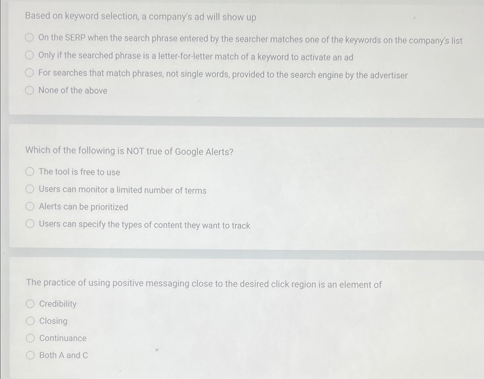 Solved Based on keyword selection, a company's ad will show | Chegg.com