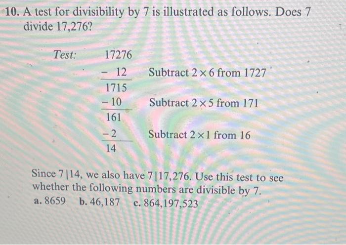 Solved 10. A test for divisibility by 7 is illustrated as | Chegg.com