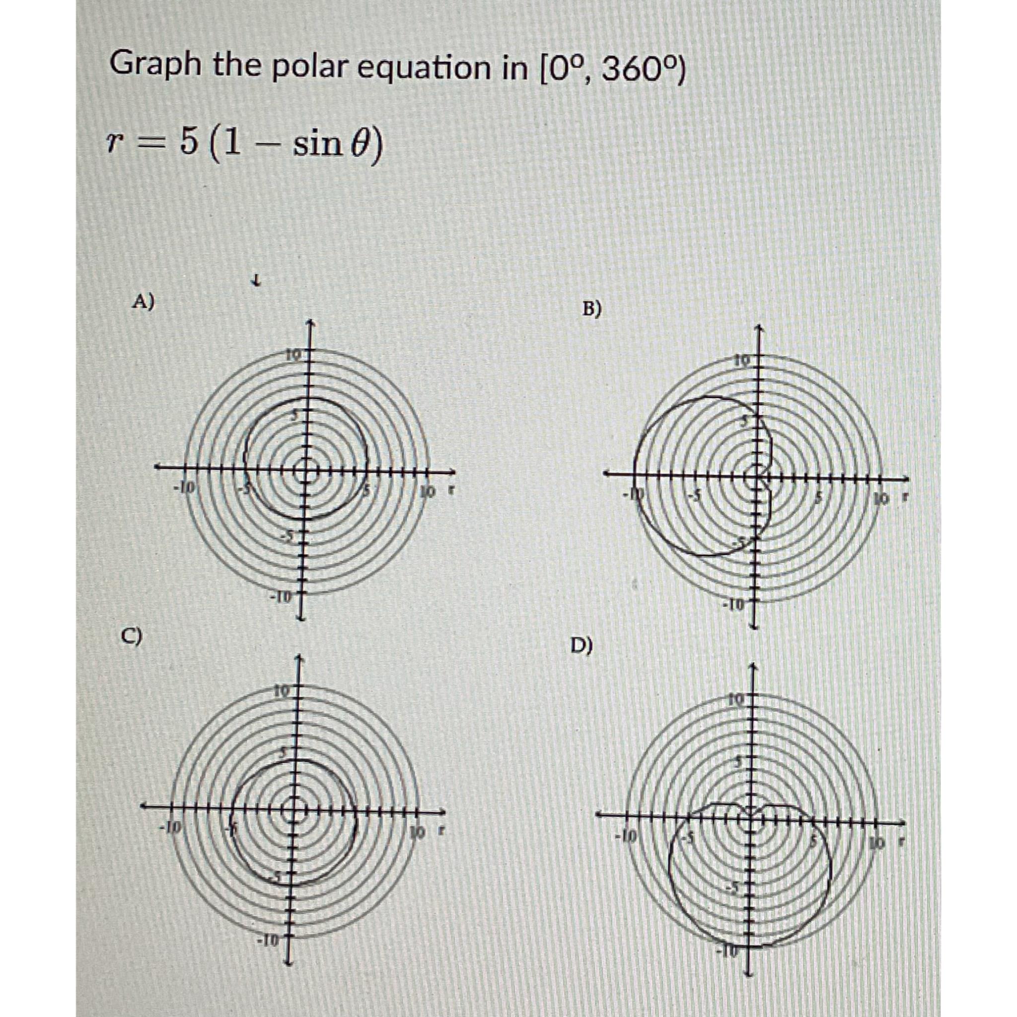 Solved Graph the polar equation in [0°,360°)r=5(1-sinθ)A) | Chegg.com