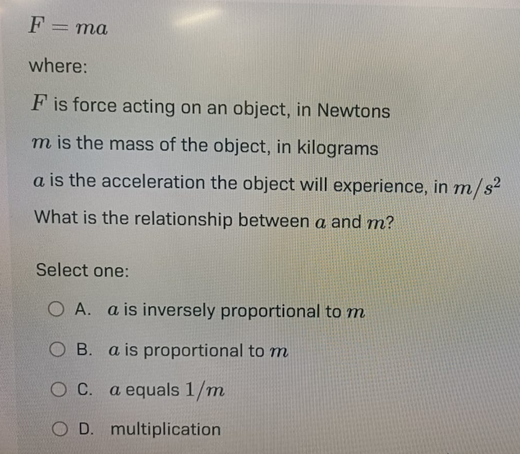 Solved F=mawhere:F ﻿is force acting on an object, in Newtons | Chegg.com