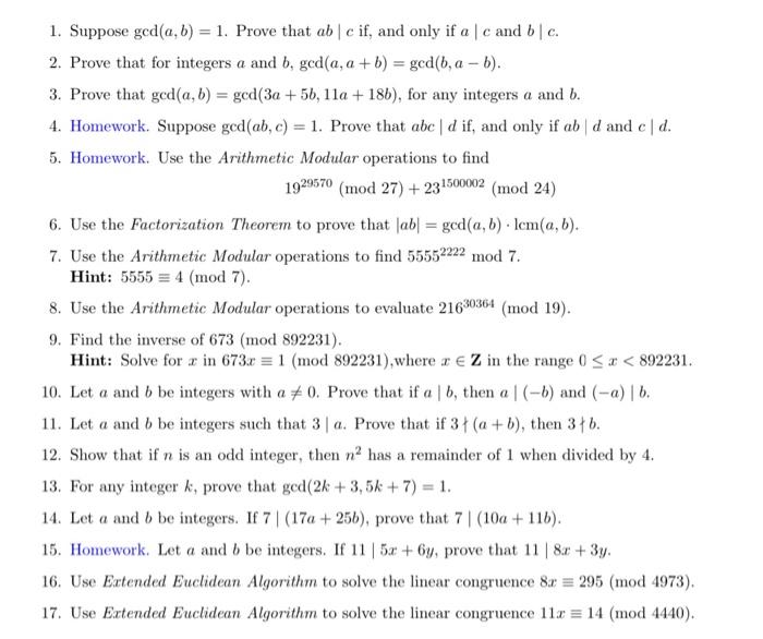Solved 1. Suppose gcd(a,b)=1. Prove that ab∣c if, and only | Chegg.com
