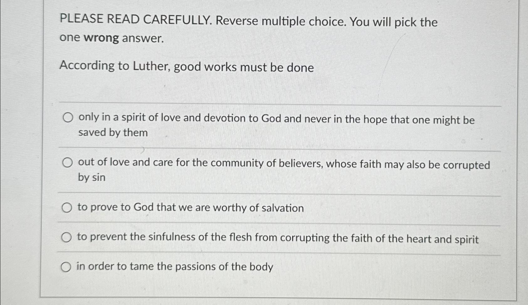 Solved PLEASE READ CAREFULLY. Reverse multiple choice. You | Chegg.com