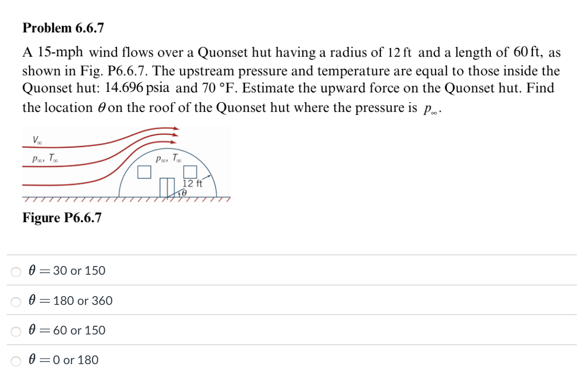 Solved Problem 6.6.7A 15-mph ﻿wind flows over a Quonset hut | Chegg.com