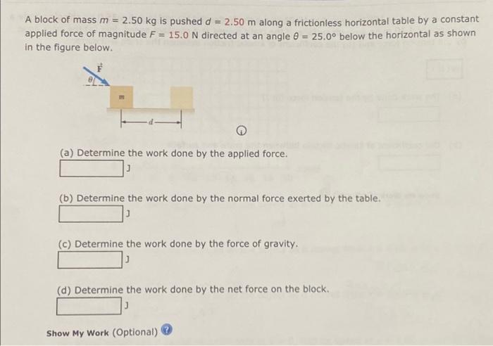 Solved A block of mass m = 2.50 kg is pushed d = 2.50 m | Chegg.com