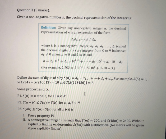 Solved Question 3 (5 marks). Given a non-negative number n, | Chegg.com