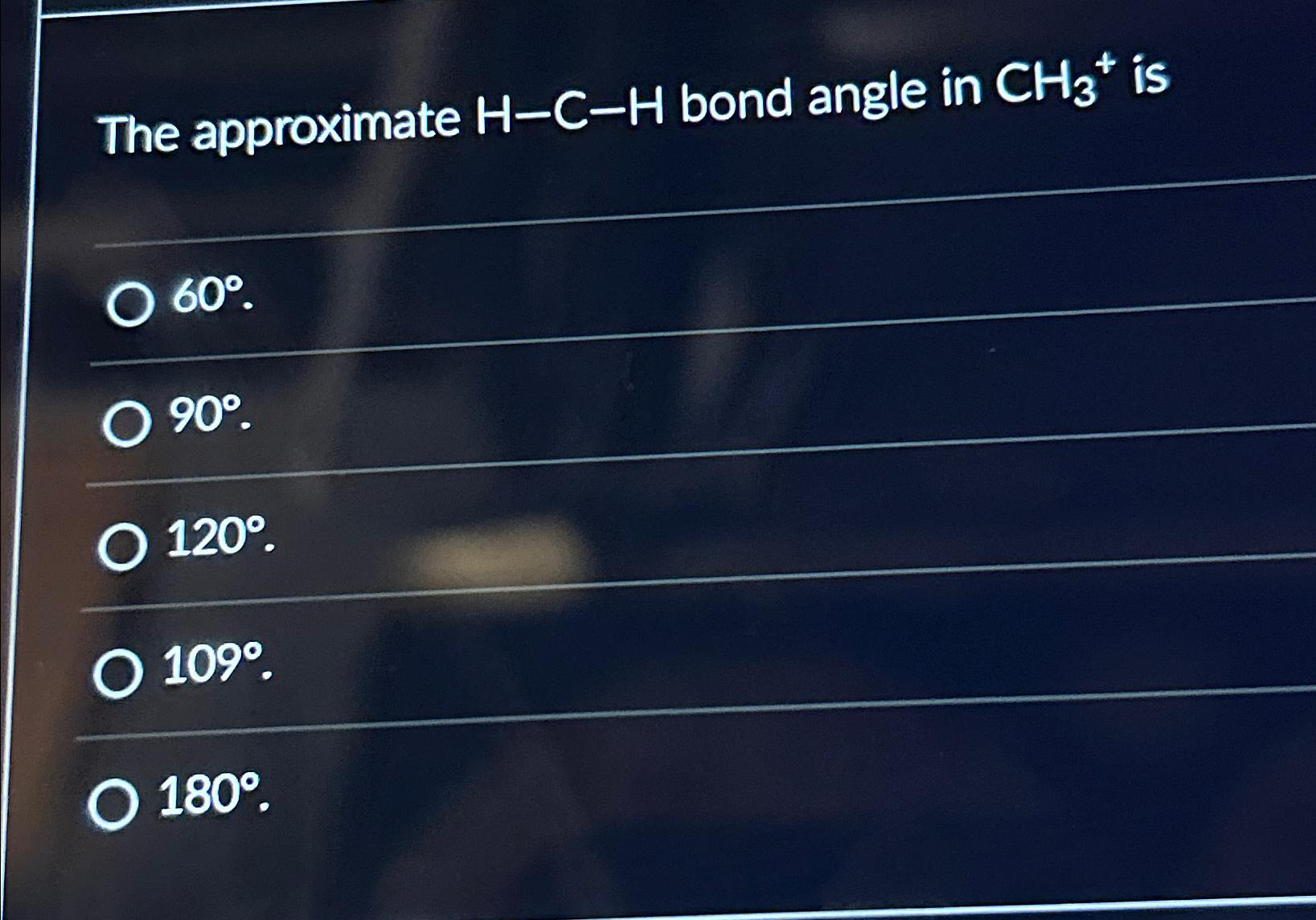 Solved The approximate H-C-H ﻿bond angle in | Chegg.com