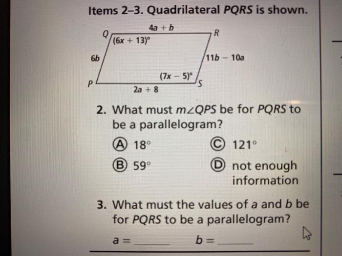 Solved Items 2–3. Quadrilateral PQRS is shown. 4a + b Q R | Chegg.com