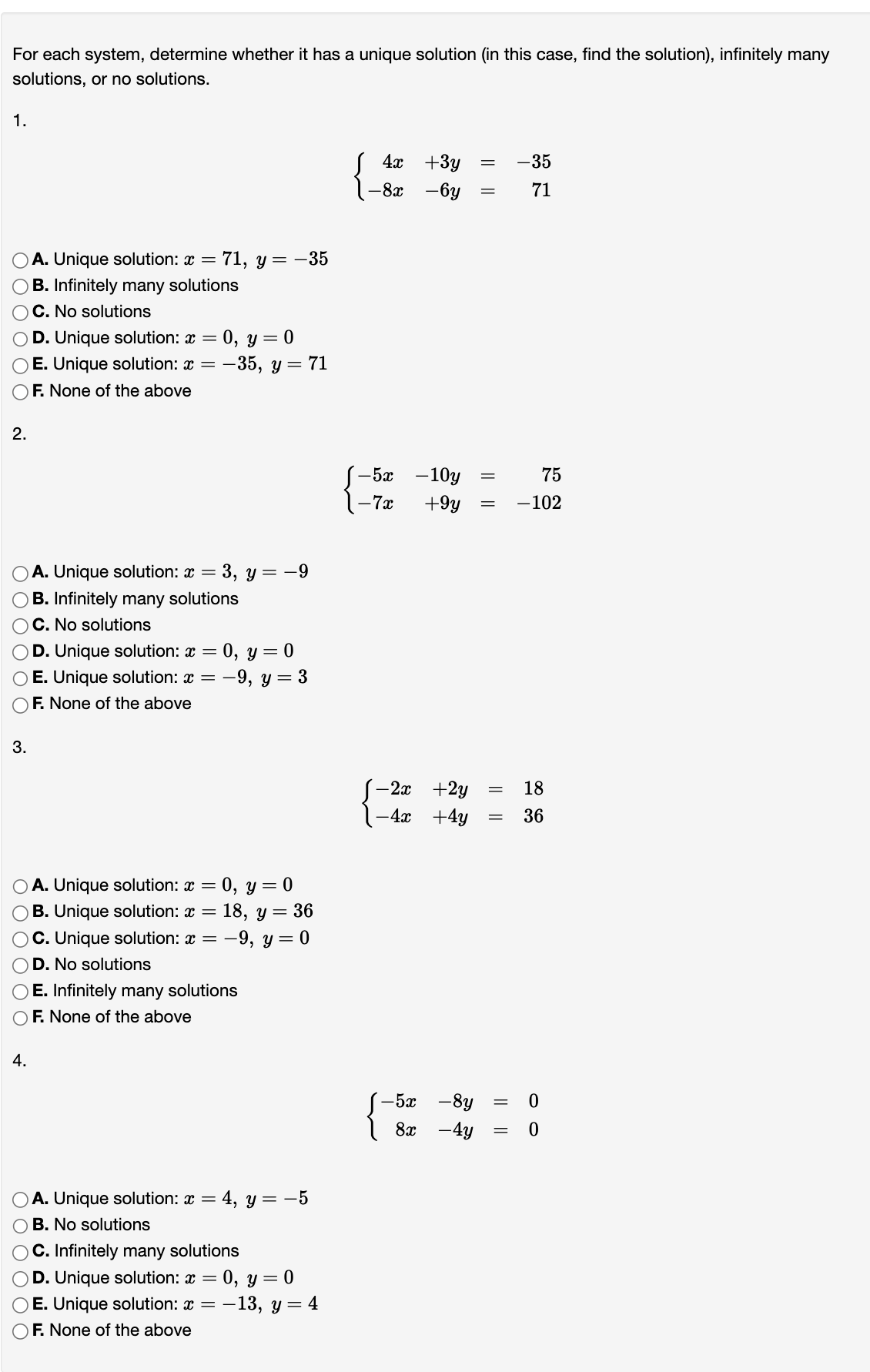Solved For each system, determine whether it has a unique | Chegg.com