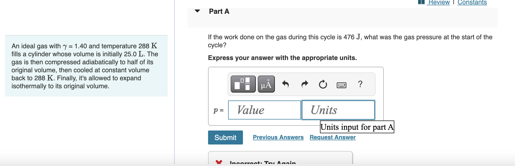 Solved An ideal gas with γ=1.40 ﻿and temperature 288Kfills a | Chegg.com