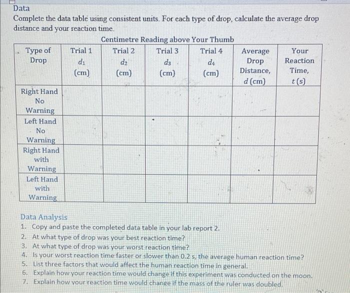 Lab 2: Free Fall – Measuring Reaction Time Purpose To | Chegg.com