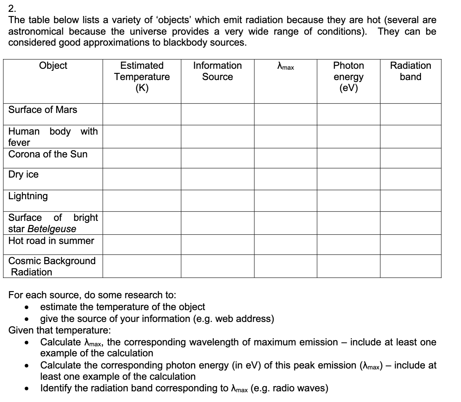 Solved The table below lists a variety of 'objects' which | Chegg.com
