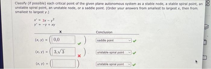 Solved Classify (if possible) each critical point of the | Chegg.com