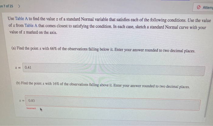 Solved on 7 of 25 > Attem Use Table A to find the value z of | Chegg.com