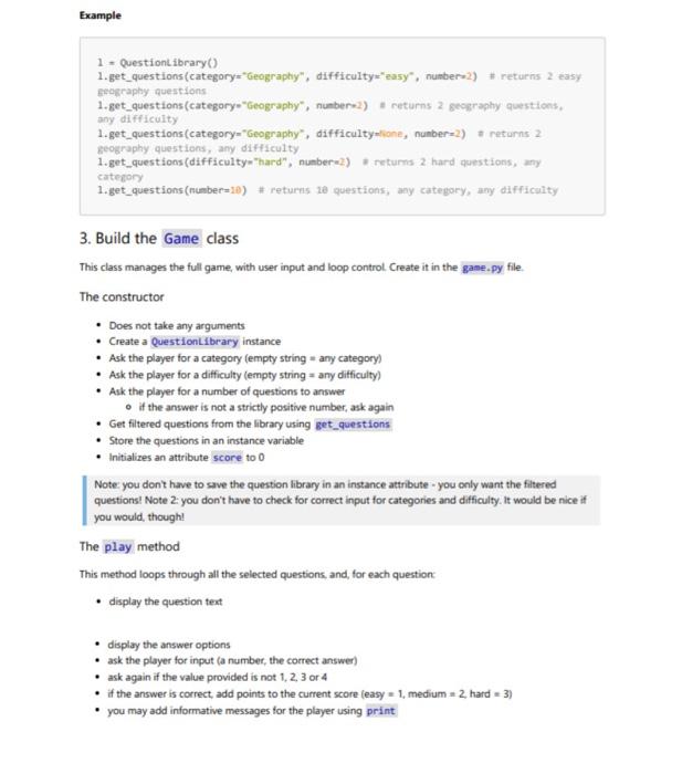 Example 3. Build the Game class This class manages | Chegg.com