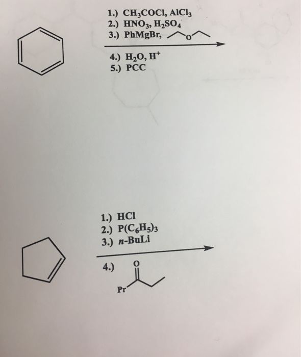 Solved 1.) CH3COCI, AICI 2.) HNO3, H2SO4 3.) PhMgBr, o 4.) | Chegg.com