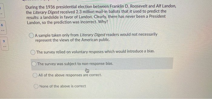 Solved During the 1936 presidential election between | Chegg.com