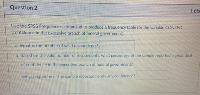 Question 2 1 pts Use the SPSS Frequencies command to | Chegg.com