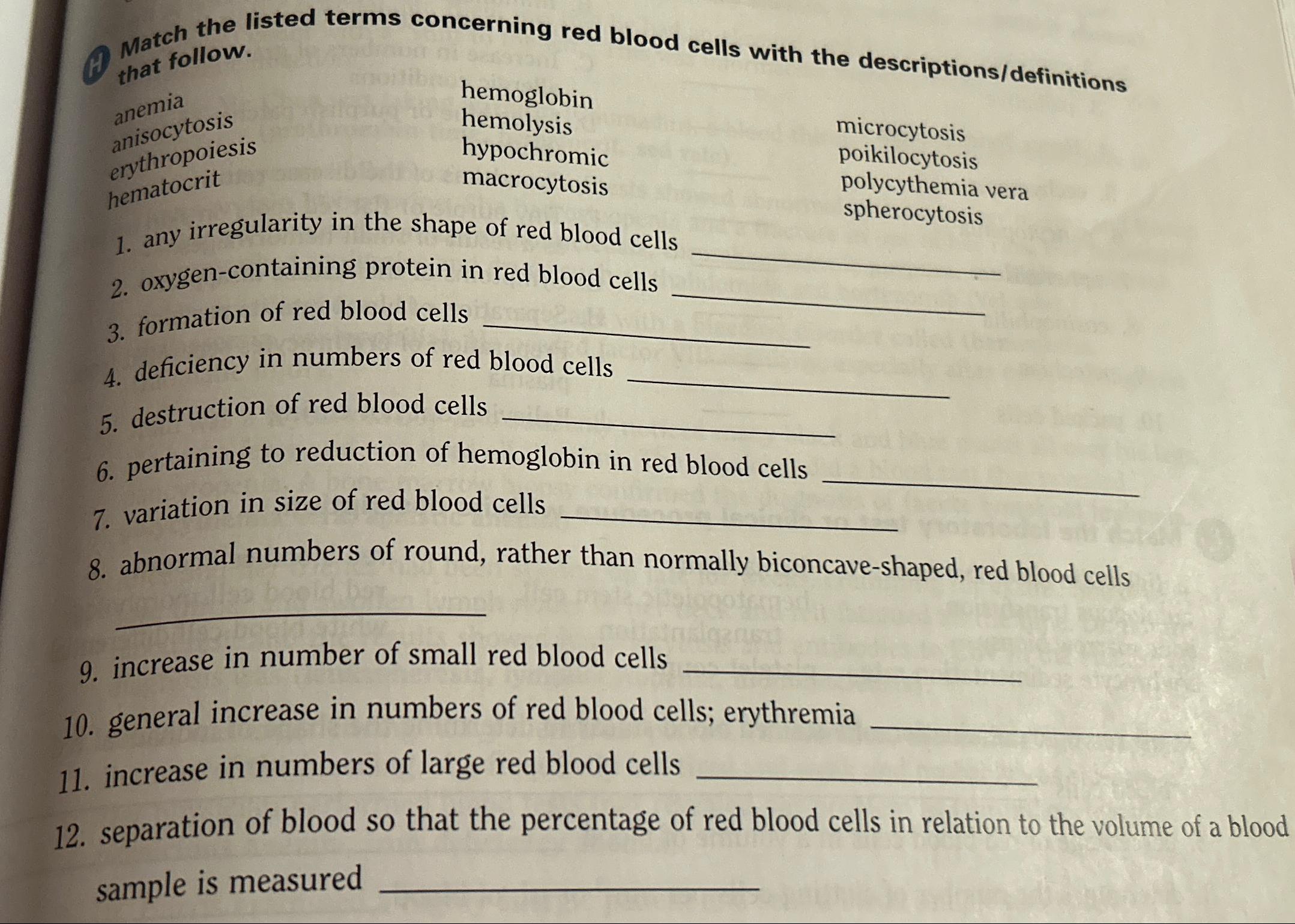 Solved Match the listed terms concerning red blood cells | Chegg.com