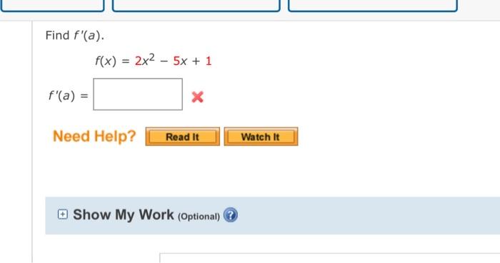 Solved Find f′(a) f(x)=2x2−5x+1 f′(a)= | Chegg.com