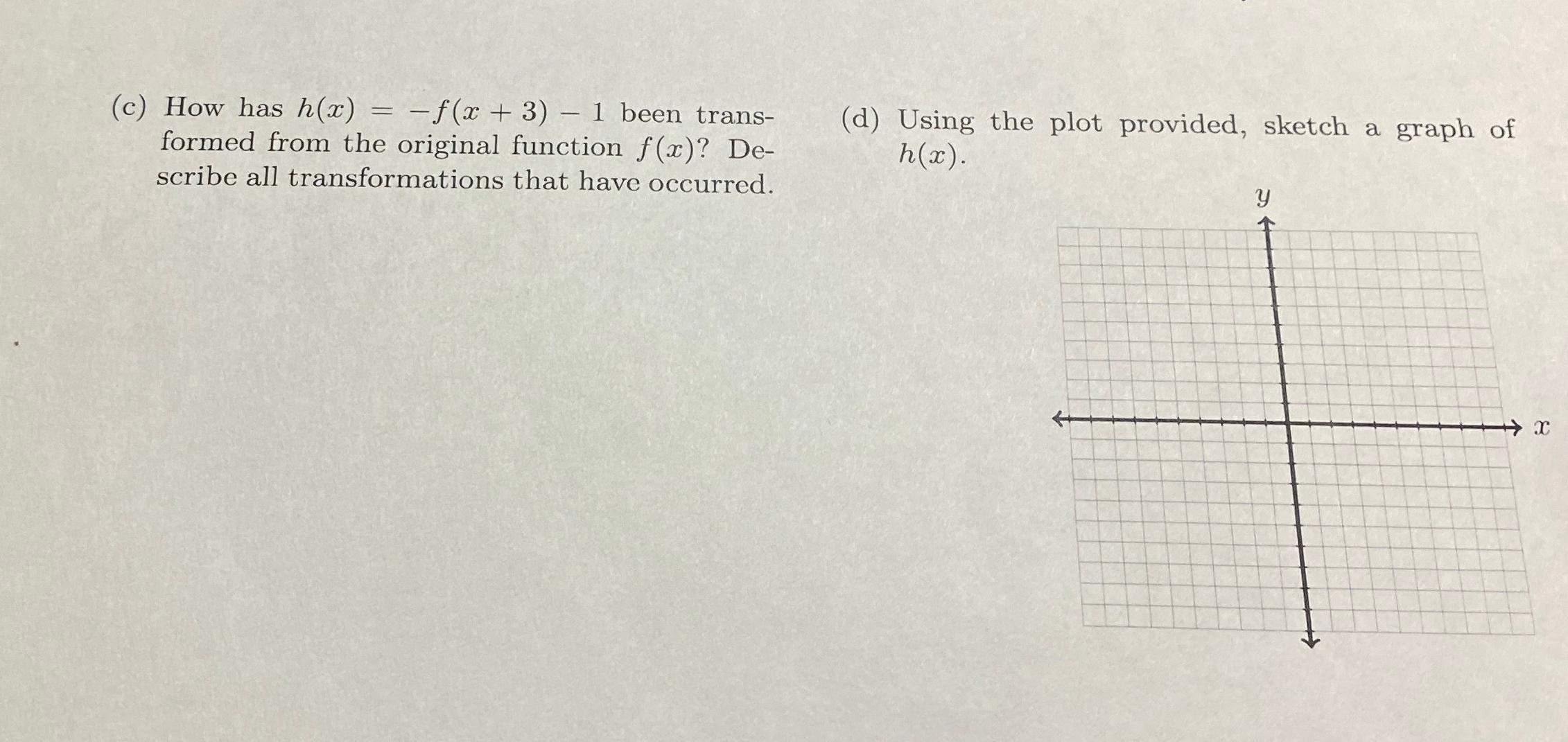 Solved (c) ﻿How has h(x)=-f(x+3)-1 ﻿been transformed from | Chegg.com