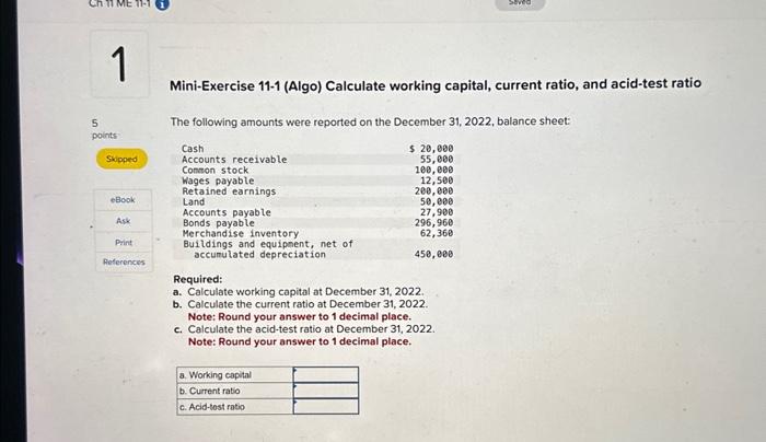 Solved Mini-Exercise 11-1 (Algo) Calculate working capital, | Chegg.com