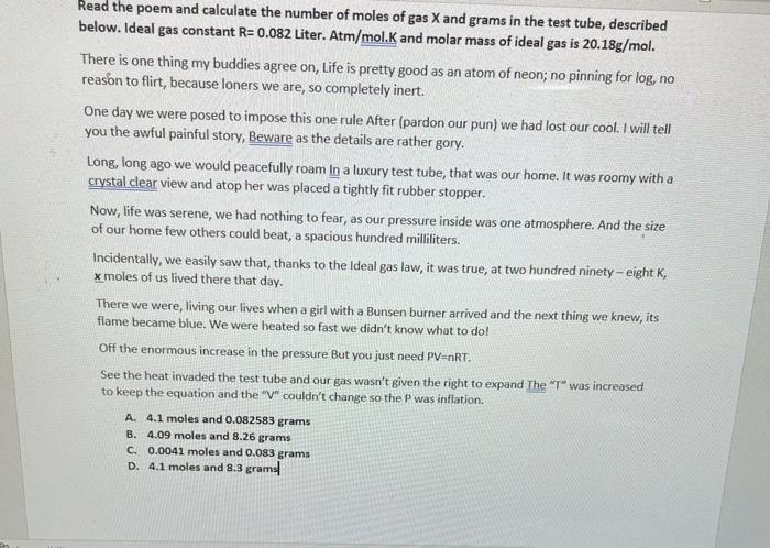Solved Read the poem and calculate the number of moles of | Chegg.com