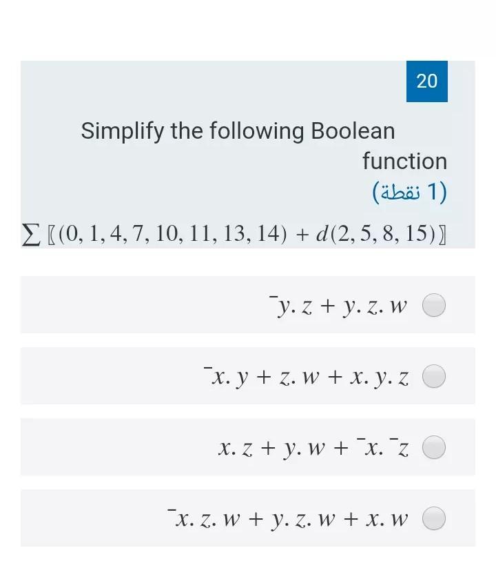 Solved 20 Simplify the following Boolean function (1 ((0, | Chegg.com