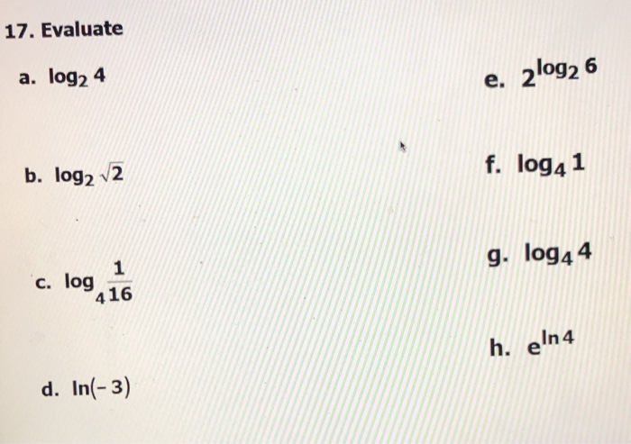 Solved 17. Evaluate a. log24 e. 2log26 b. log2 v2 f. log41 | Chegg.com
