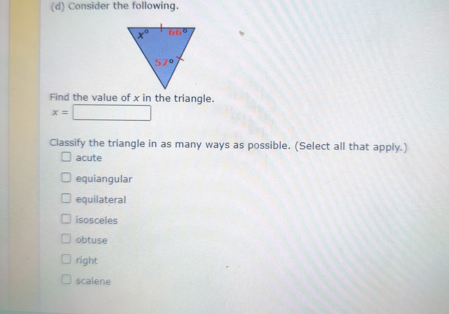 Solved (d) ﻿Consider the following.Find the value of x ﻿in | Chegg.com