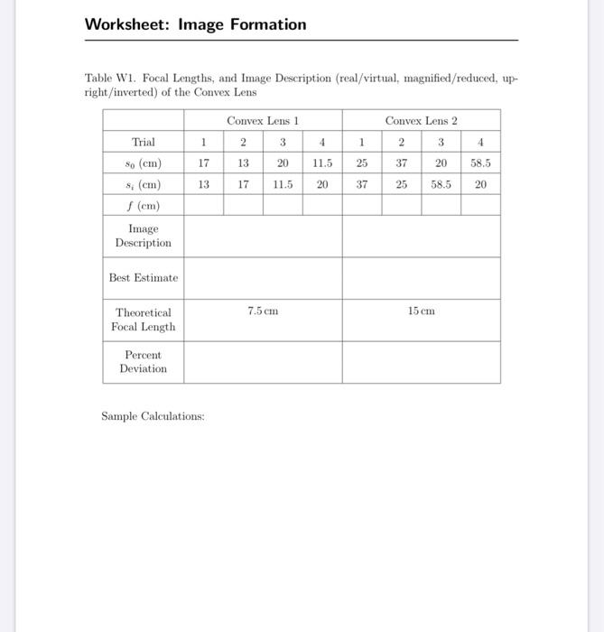 Solved Worksheet: Image Formation Table W1. Focal Lengths, | Chegg.com
