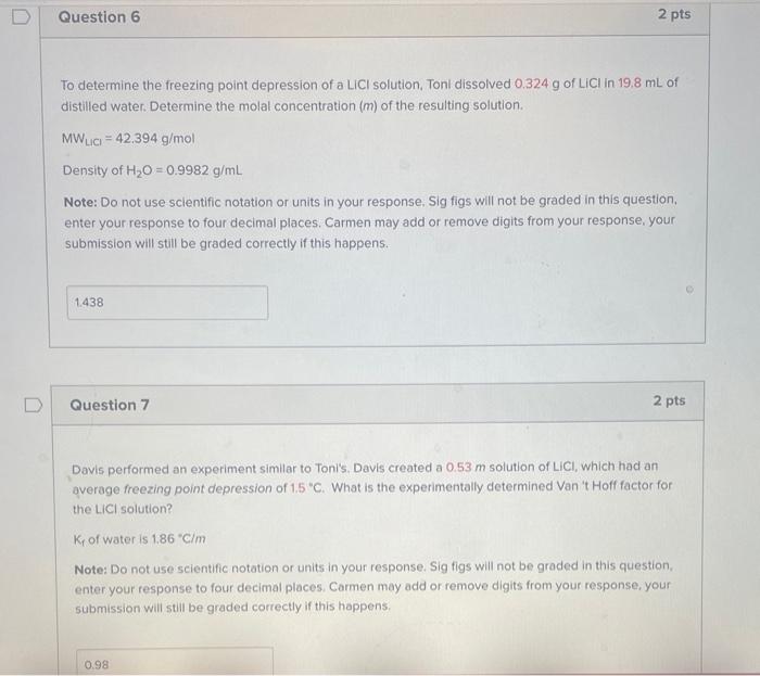 Solved To determine the freezing point depression of a LiCl | Chegg.com