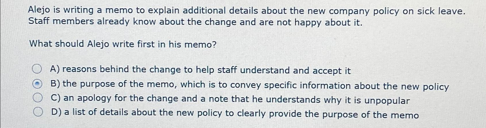 Solved Alejo is writing a memo to explain additional details | Chegg.com