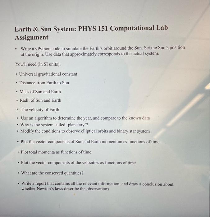 Solved Earth & Sun System: PHYS 151 Computational Lab | Chegg.com