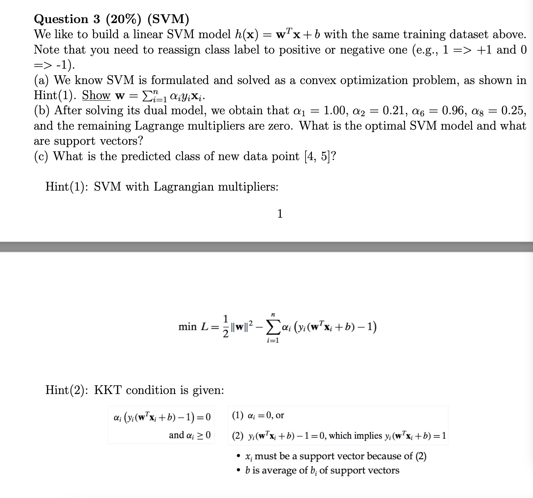 Solved Question 3 (20%) (SVM)We like to build a linear SVM | Chegg.com