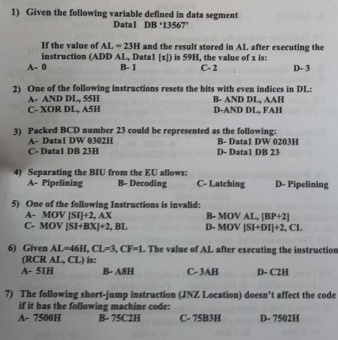 Solved Data1 DB '13567' If the value of AL=23H and the | Chegg.com