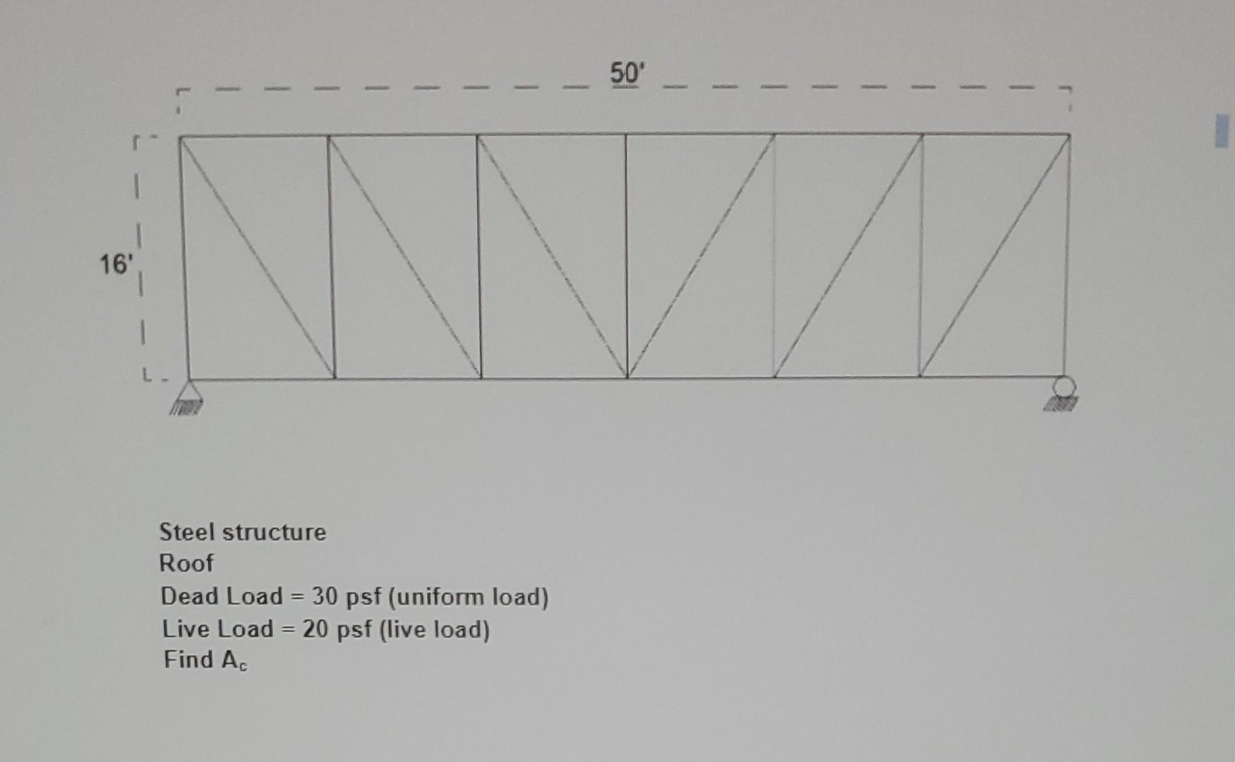 Solved 50' 1 1 ו- 16' L. Steel structure Roof Dead Load = 30 | Chegg.com
