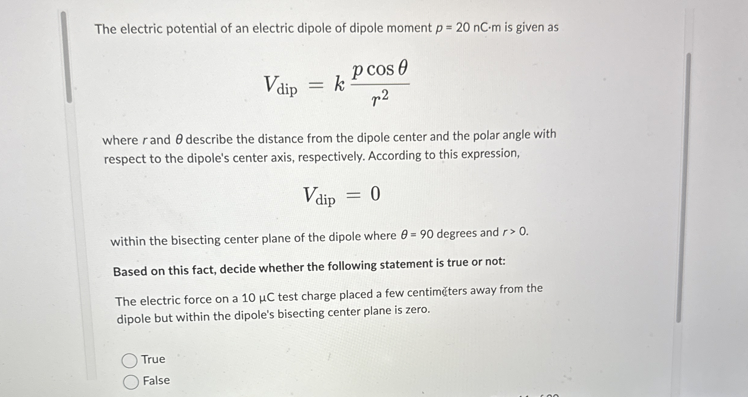 Solved The electric potential of an electric dipole of | Chegg.com
