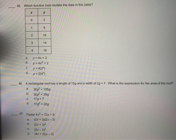 Solved 45. Which function best models the data in this | Chegg.com