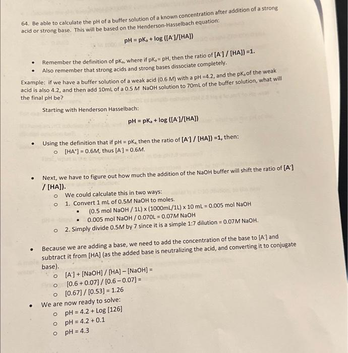 Solved 64. Be able to calculate the pH of a buffer solution | Chegg.com