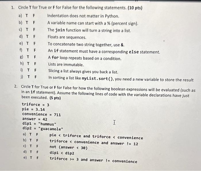 Solved 1. Circle T for True or F for False for the following | Chegg.com
