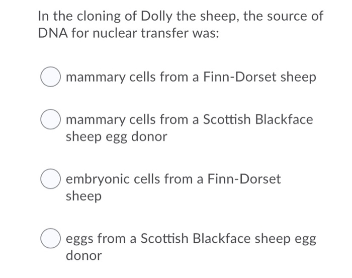 Solved In the cloning of Dolly the sheep, the source of DNA | Chegg.com